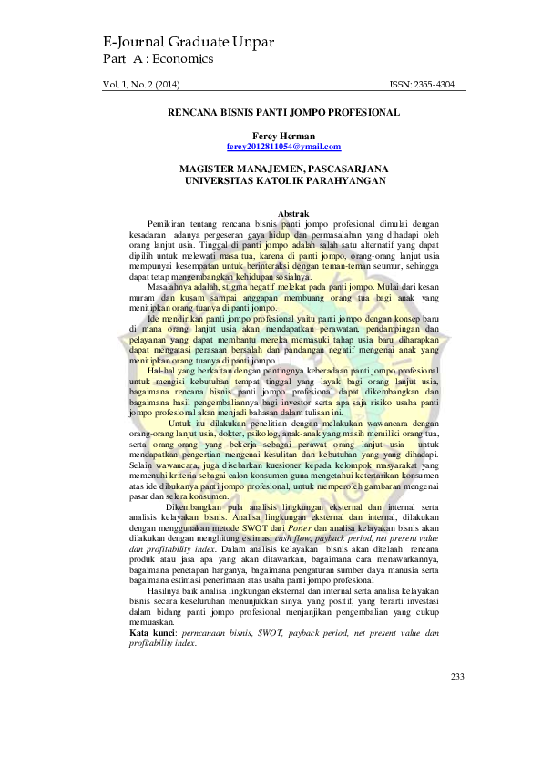 (PDF) E-Journal Graduate Unpar RENCANA BISNIS PANTI JOMPO PROFESIONAL ...