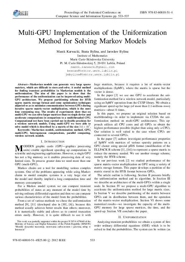 (PDF) Multi-GPU implementation of the uniformization method for solving Markov models