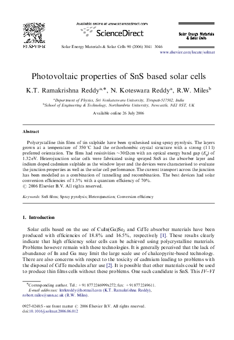 (PDF) Photovoltaic properties of SnS based solar cells