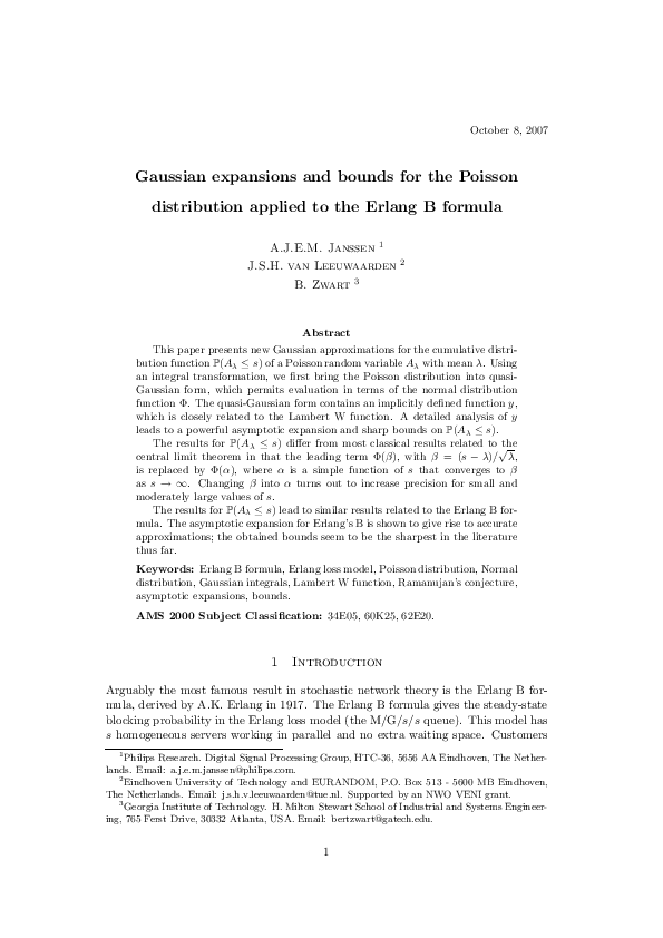 (PDF) Gaussian expansions and bounds for the Poisson distribution applied to the Erlang B formula