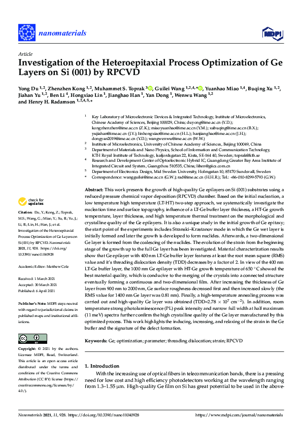 (PDF) Investigation of the Heteroepitaxial Process Optimization of Ge Layers on Si (001) by RPCVD