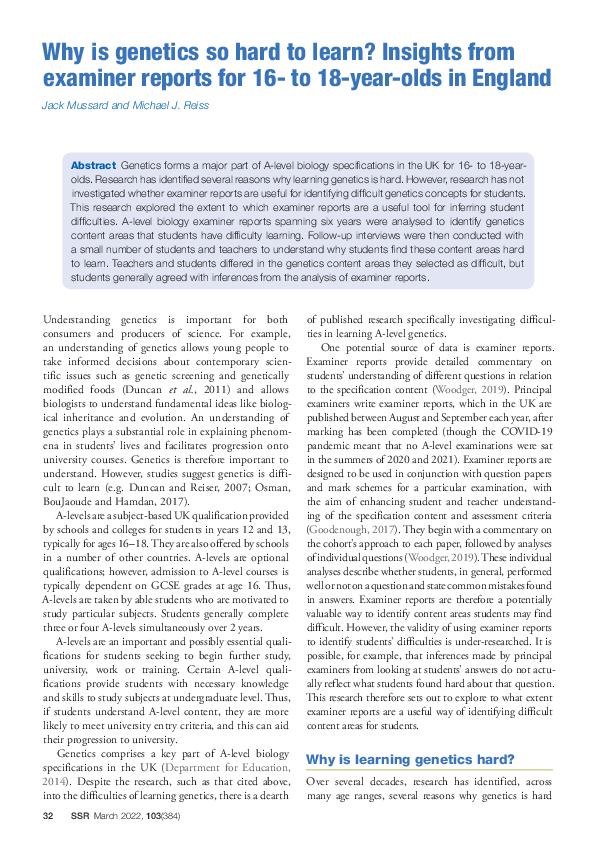 (PDF) Why is genetics so hard to learn? Insights from examiner reports ...