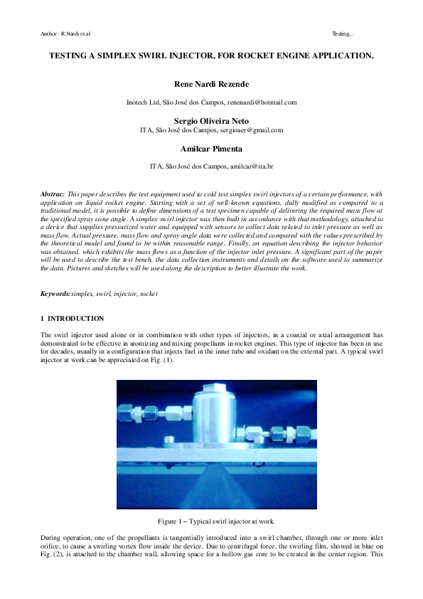 (PDF) Testing a Simplex Swirl Injector, for Rocket Engine Application