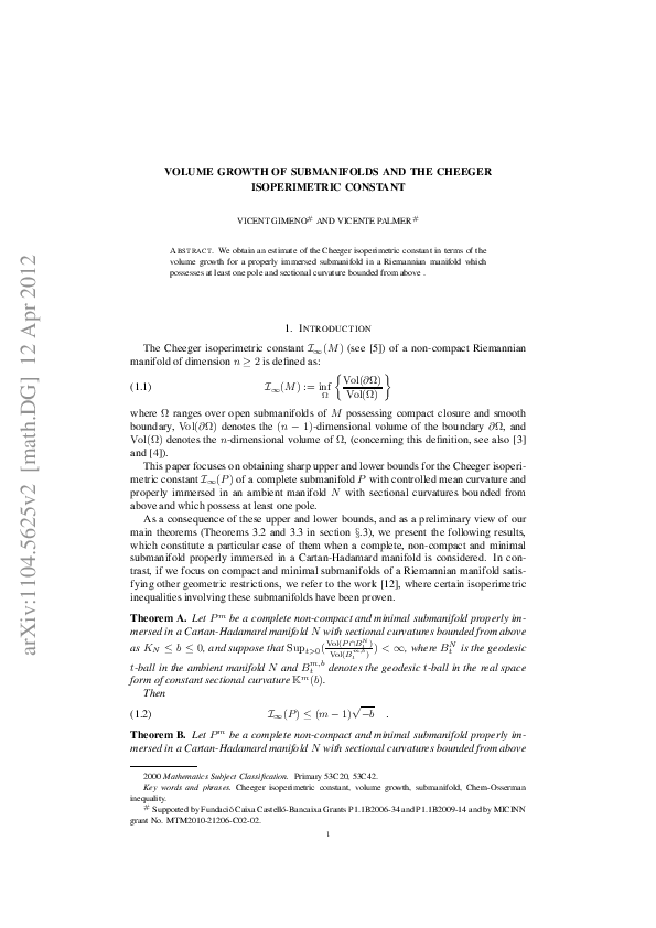 (PDF) Volume growth and the Cheeger isoperimetric constant of ...