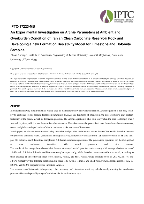 (PDF) An Experimental Investigation on Archie Parameters at Ambient and ...