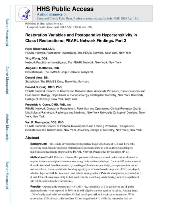 (PDF) Restoration variables and postoperative hypersensitivity in Class ...