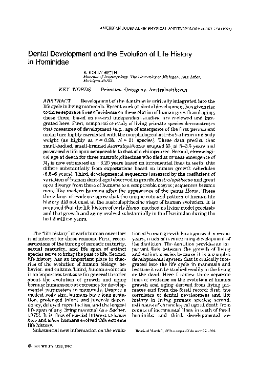 (PDF) Dental development and the evolution of life history in Hominidae