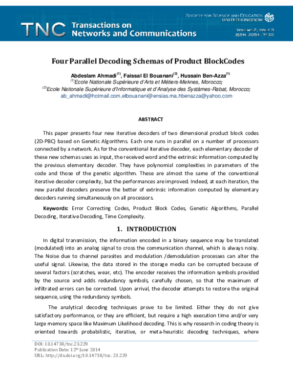 Pdf Four Parallel Decoding Schemas Of Product Block Codes