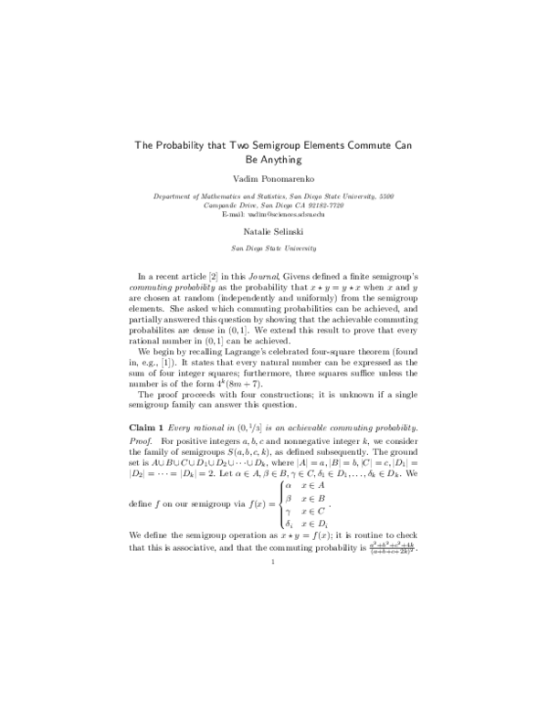 (PDF) The Probability that Two Semigroup Elements Commute Can Be ...