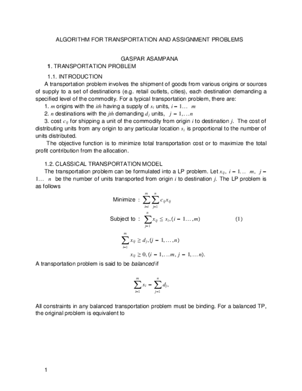 (PDF) Algorithm for Transportation and Assignment Problems