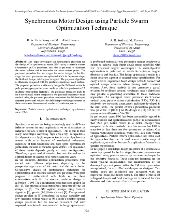 Pdf Synchronous Motor Design Using Particle Swarm Optimization Technique