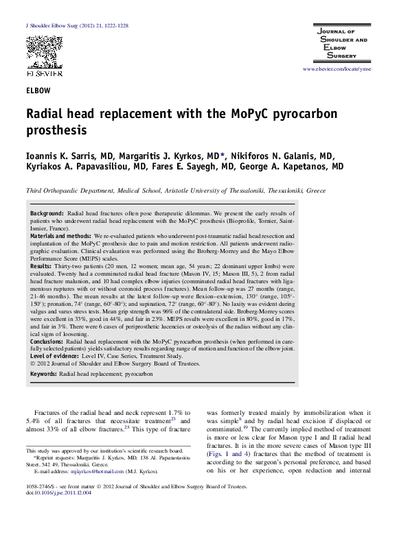 (PDF) Radial head replacement with the MoPyC pyrocarbon prosthesis