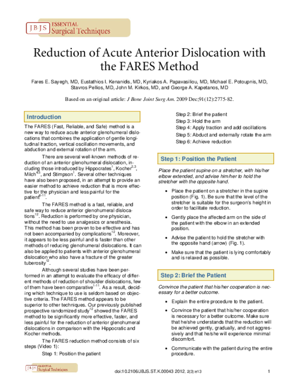 (PDF) Reduction of Acute Anterior Dislocation with the FARES Method