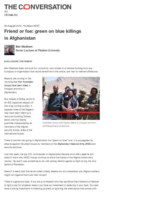 (PDF) Friend or foe: green on blue killings in Afghanistan