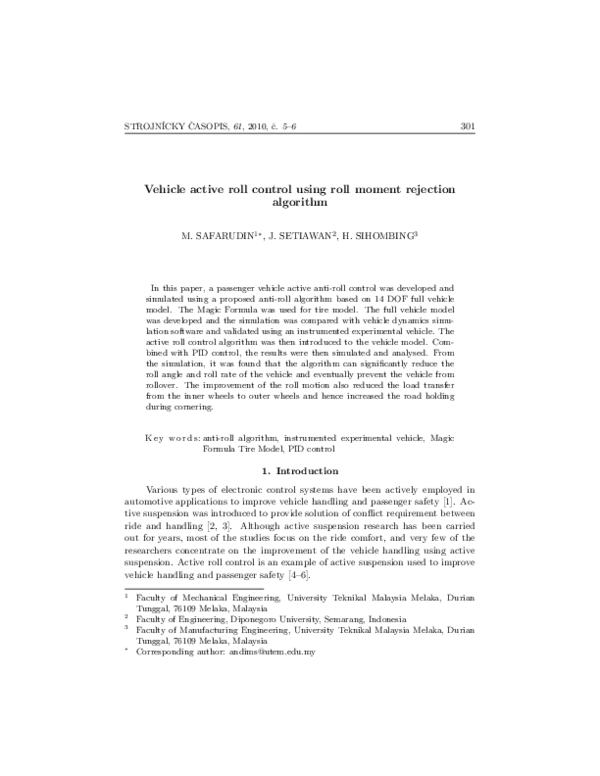 (PDF) Vehicle Active Roll Control Using Roll Moment Rejection Algorithm