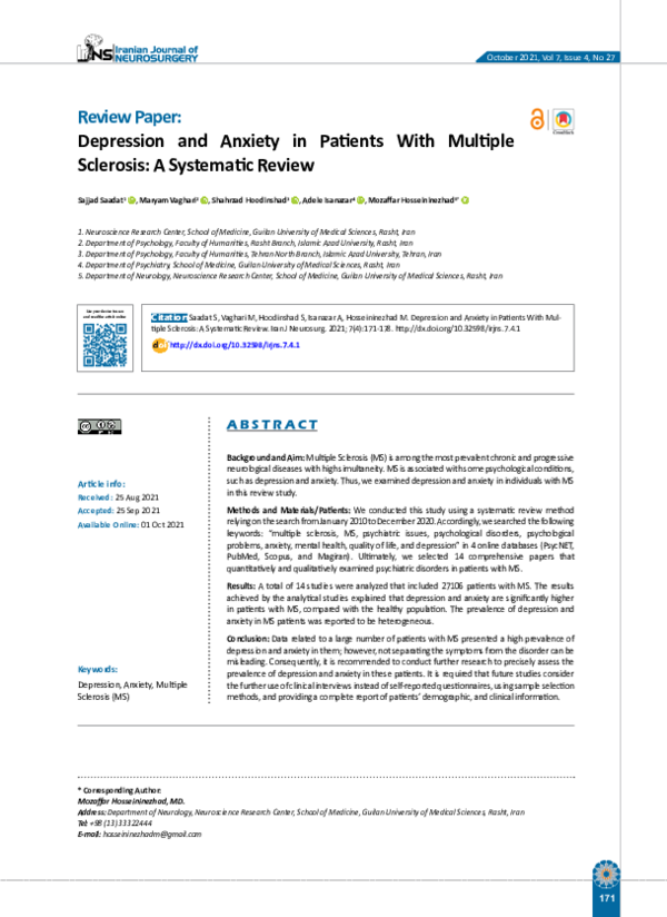(PDF) Depression and Anxiety in Patients With Multiple Sclerosis: A Systematic Review