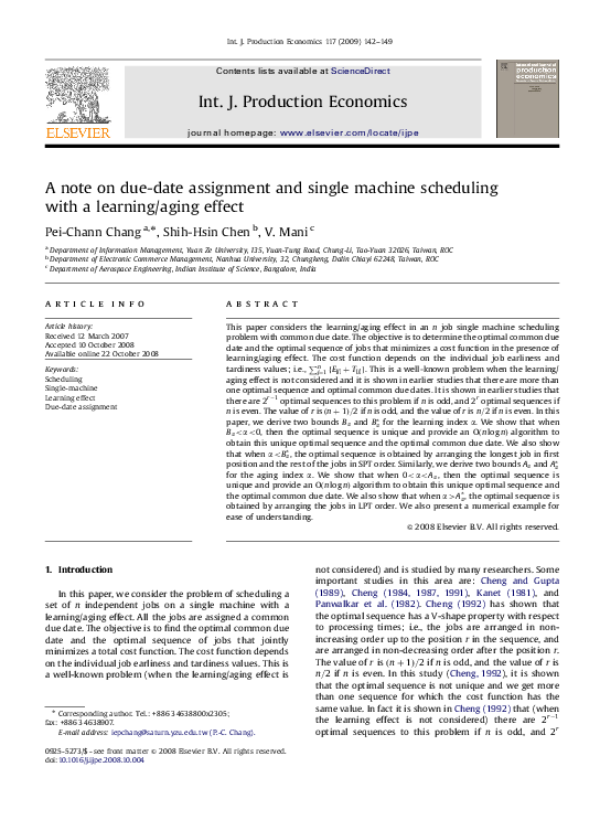 (PDF) A note on due-date assignment and single machine scheduling with a learning/aging effect