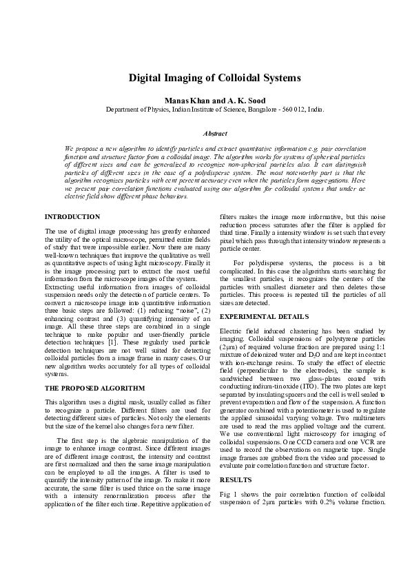 (PDF) Digital Imaging of Colloidal Systems