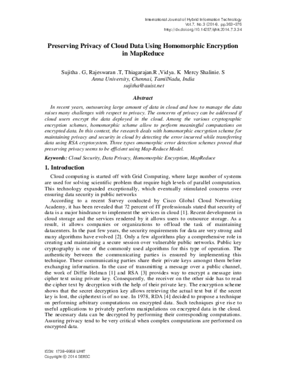 (PDF) Preserving Privacy of Cloud Data Using Homomorphic Encryption in MapReduce