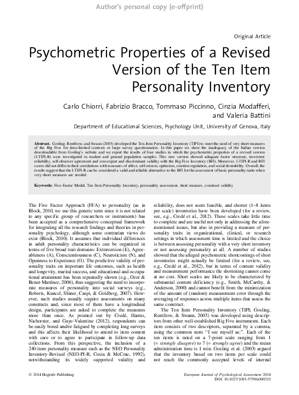 (PDF) Psychometric Properties of a Revised Version of the Ten Item ...