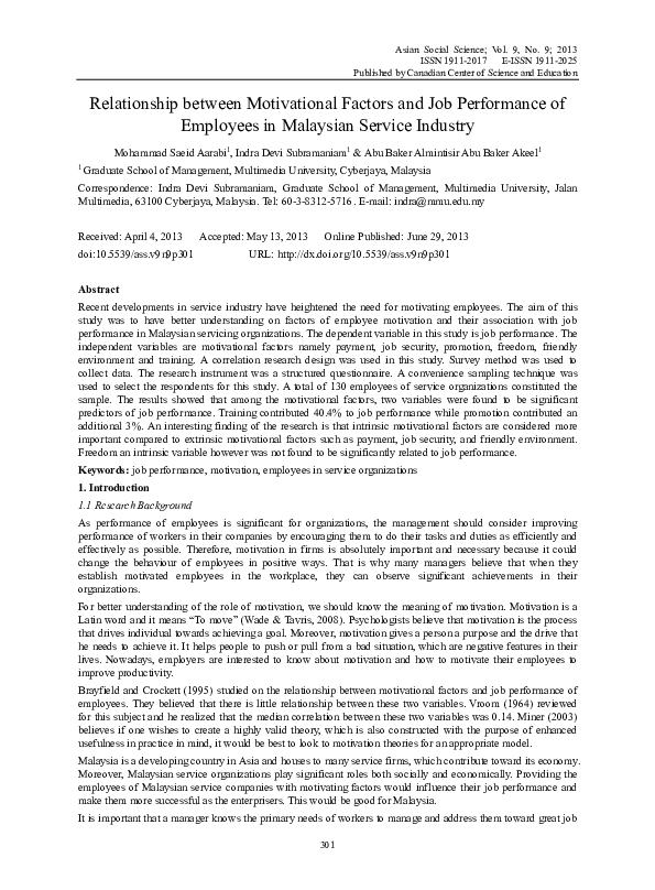 (PDF) Relationship between motivational factors and job performance of ...