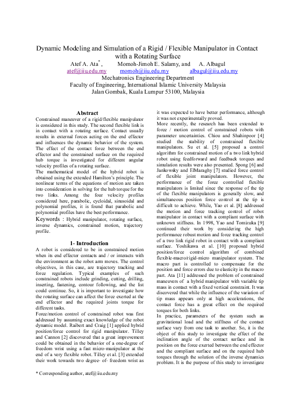 (PDF) Dynamic Modeling and Simulation of a Rigid / Flexible Manipulator in Contact with a ...