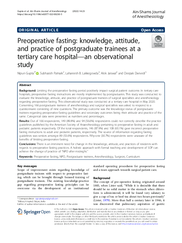 (PDF) Preoperative fasting: knowledge, attitude, and practice of ...