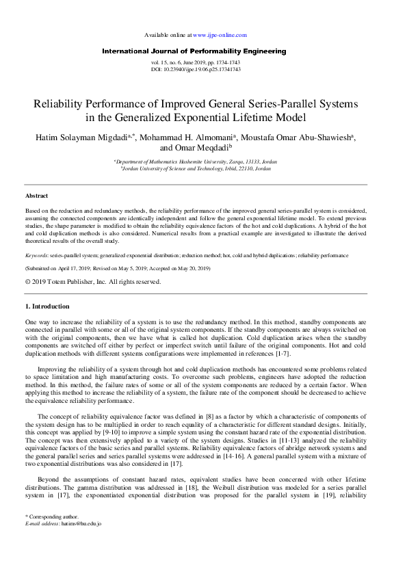 (PDF) Reliability Performance of Improved General Series-Parallel ...
