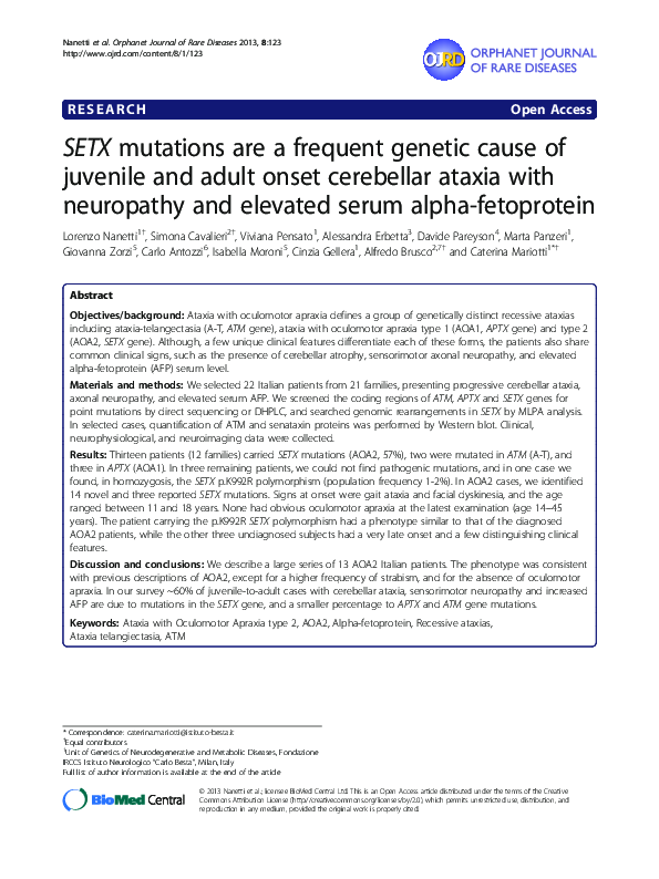 (PDF) SETX mutations are a frequent genetic cause of juvenile and adult onset cerebellar ataxia ...