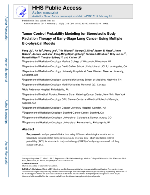 (PDF) Tumor control probability modeling for stereotactic body ...