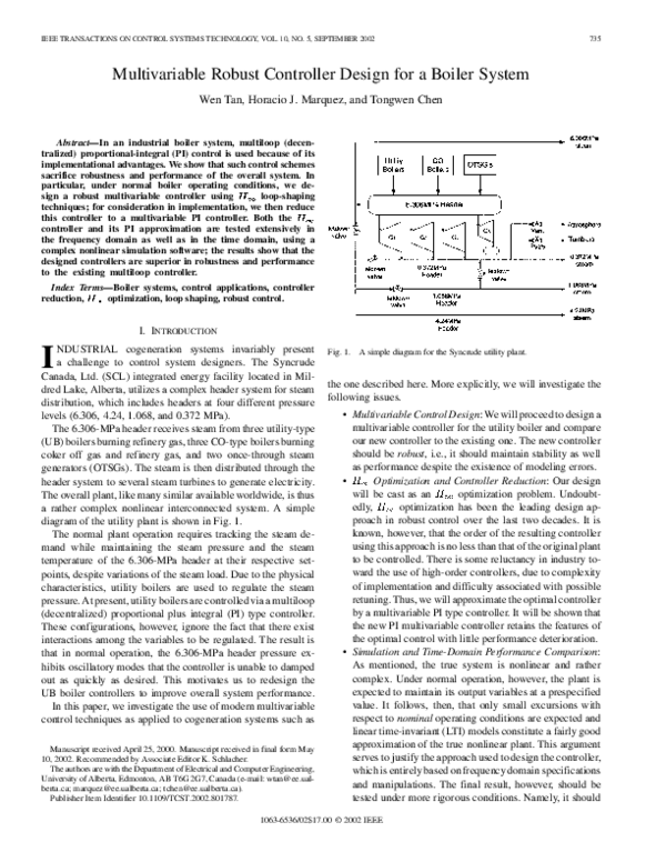 Pdf Multivariable Robust Controller Design For A Boiler System