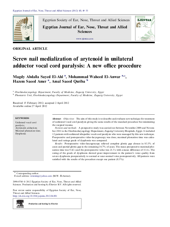 (PDF) Screw nail medialization of arytenoid in unilateral adductor ...