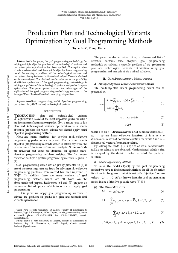 (PDF) Production Plan And Technological Variants Optimization By Goal Programming Methods