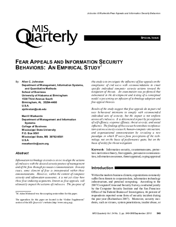(PDF) Fear Appeals and Information Security Behaviors: An Empirical Study