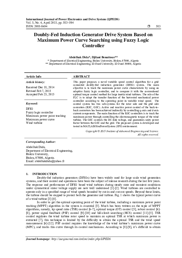 Pdf Doubly Fed Induction Generator Drive System Based On Maximum Power Curve Searching Using