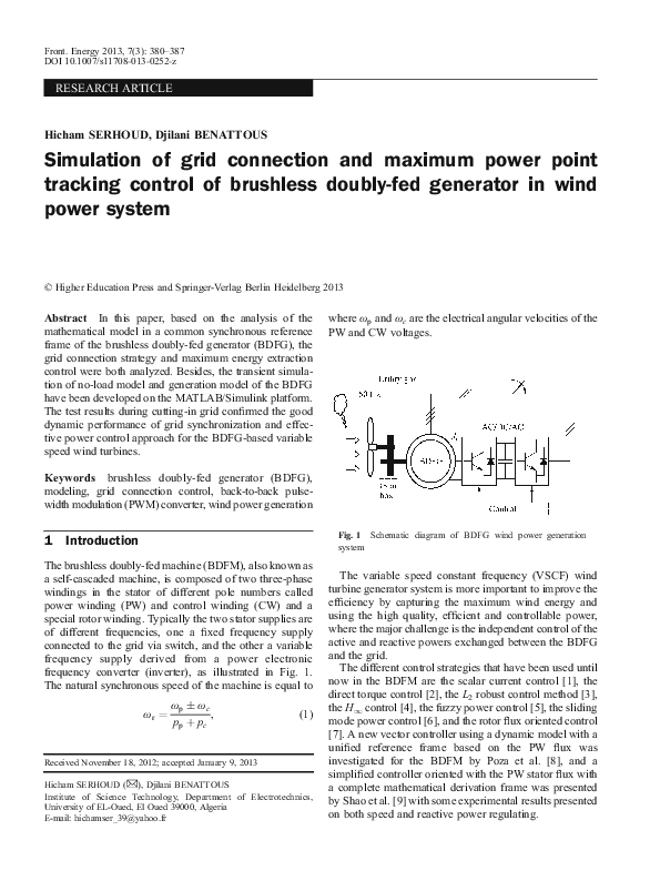 Pdf Simulation Of Grid Connection And Maximum Power Point Tracking Control Of Brushless Doubly
