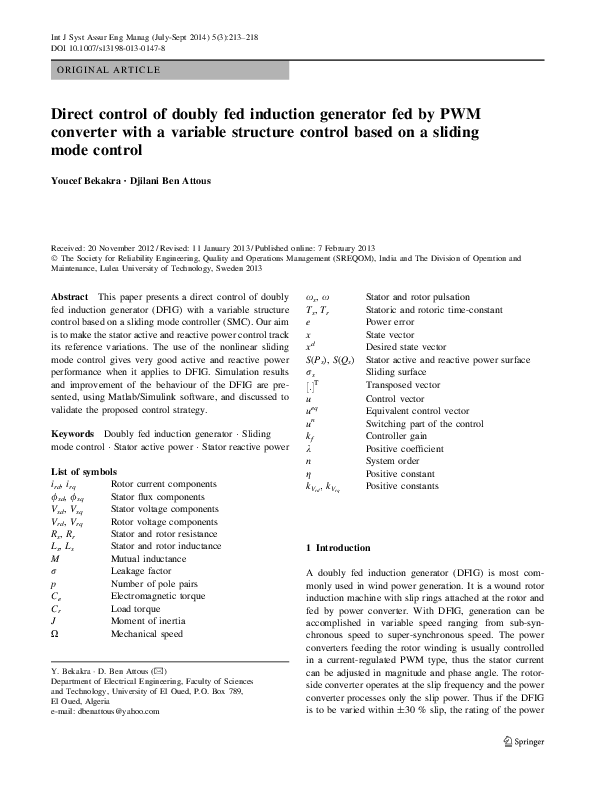 Pdf Direct Control Of Doubly Fed Induction Generator Fed By Pwm Converter With A Variable