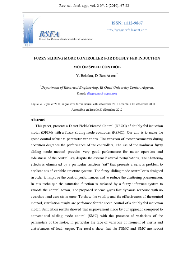 (PDF) Fuzzy sliding mode controller for doubly fed induction motor speed control
