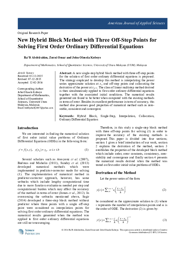 Pdf New Hybrid Block Method With Three Off Step Points For Solving First Order Ordinary