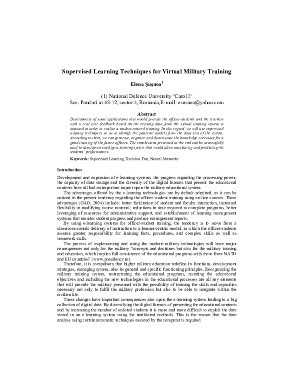 (PDF) Supervised Learning Techniques for Virtual Military Training