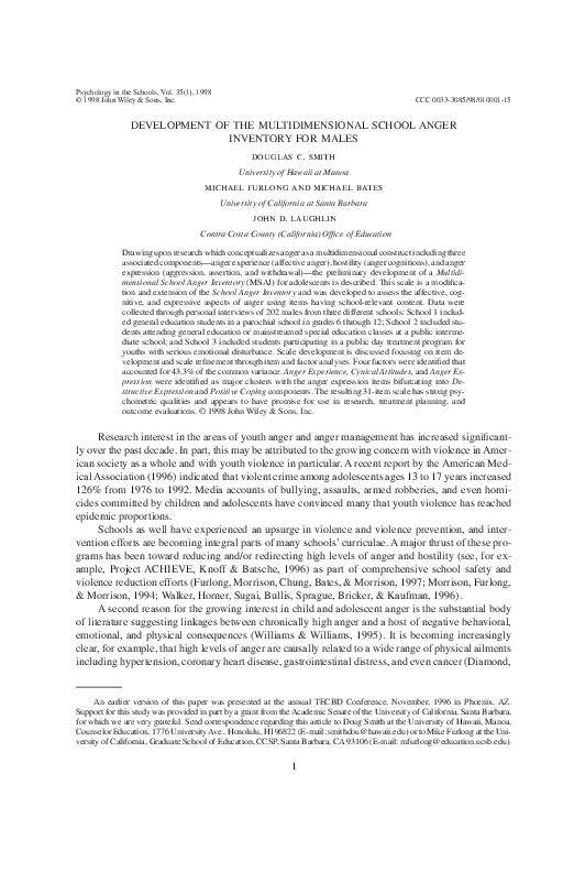 (PDF) Development of the Multidimensional School Anger Inventory for Males