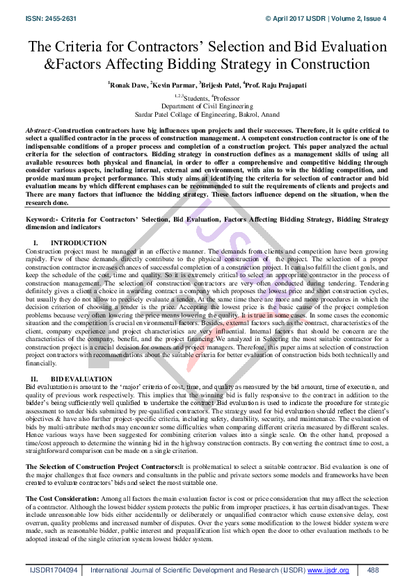 (PDF) The Criteria for Contractors' Selection and Bid Evaluation &Factors Affecting Bidding ...