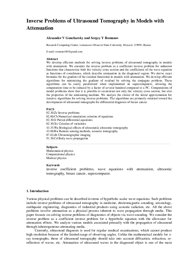 (PDF) Inverse problems of ultrasound tomography in models with attenuation
