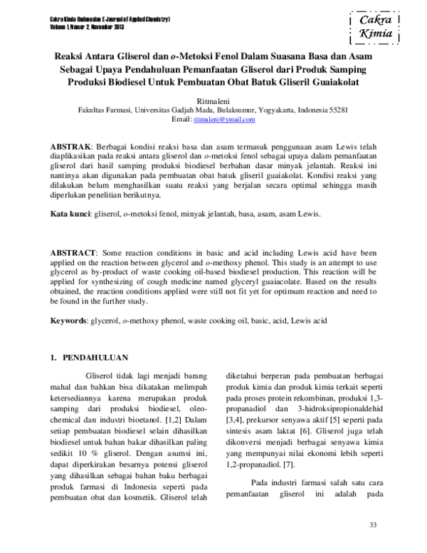 (PDF) Reaksi Antara Gliserol dan o-Metoksi Fenol Dalam Suasana Basa dan ...