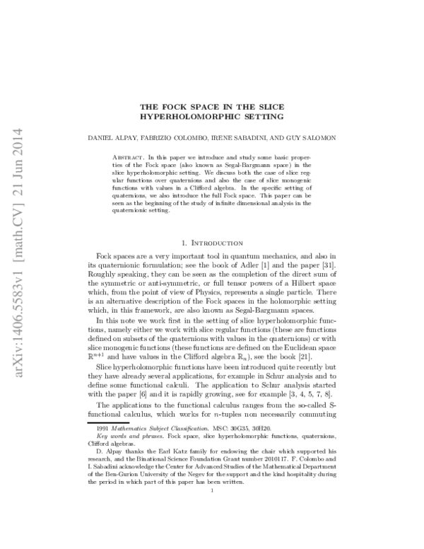 (PDF) The Fock Space in the Slice Hyperholomorphic Setting