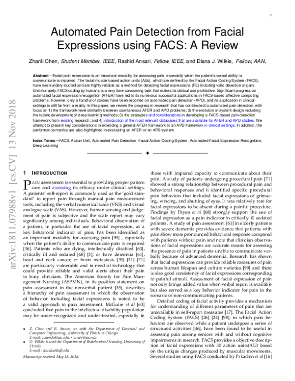 (PDF) Automated Pain Detection from Facial Expressions using FACS: A Review