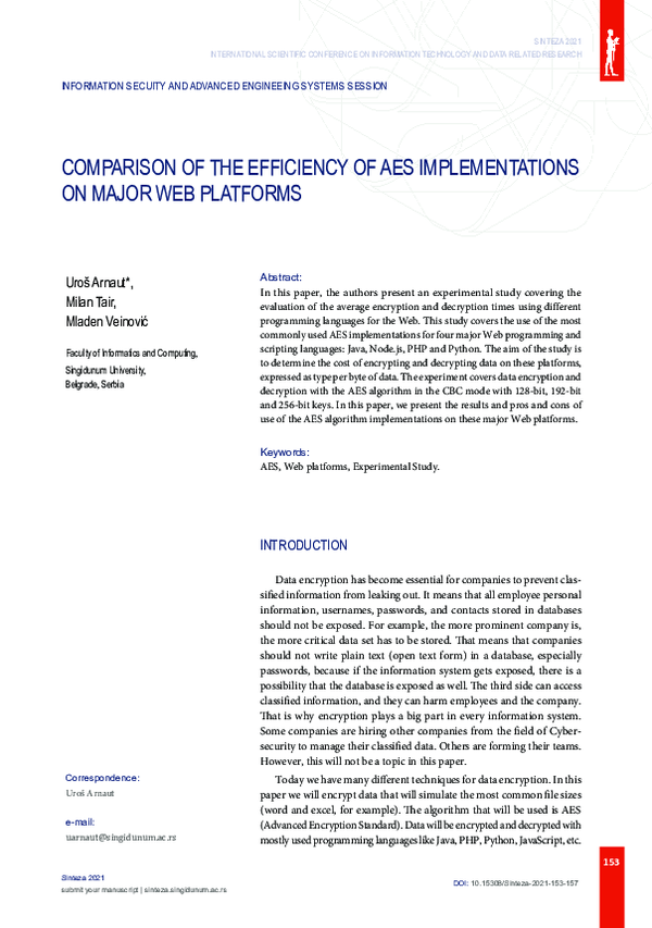(PDF) Comparison of the Efficiency of Aes Implementations on Major Web Platforms