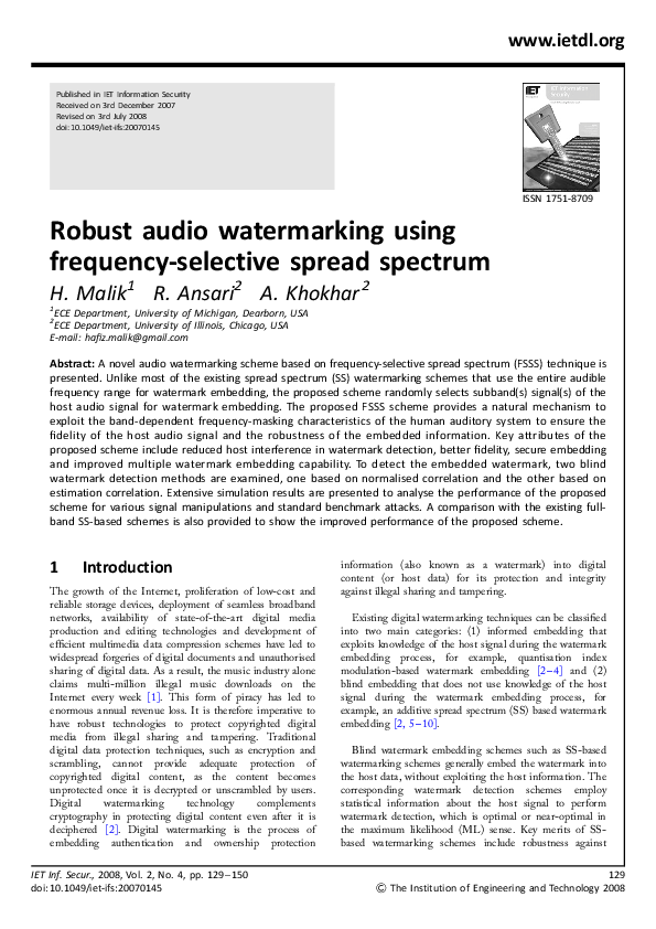 (PDF) Robust audio watermarking using frequency-selective spread spectrum