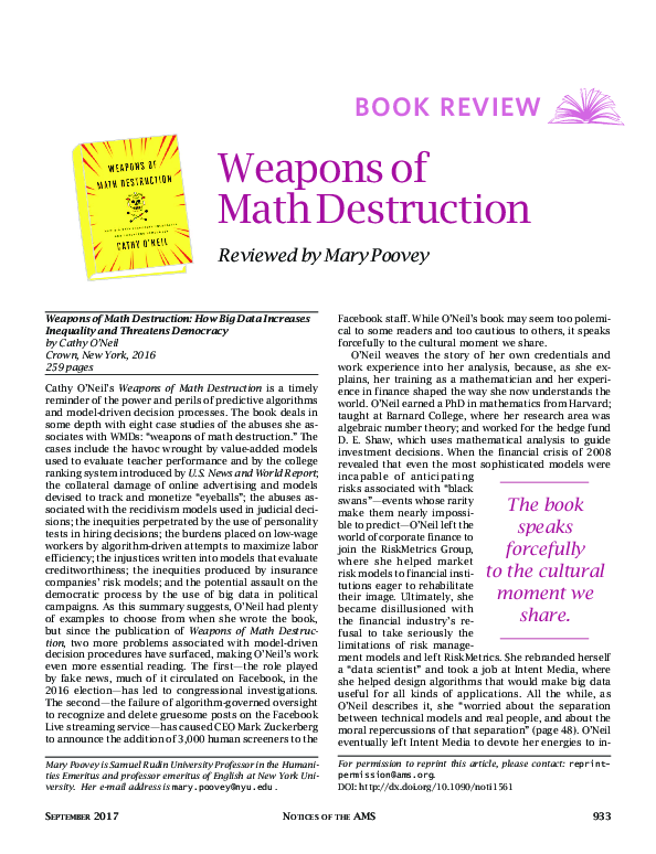 (PDF) Weapons of Math Destruction: A Book Review