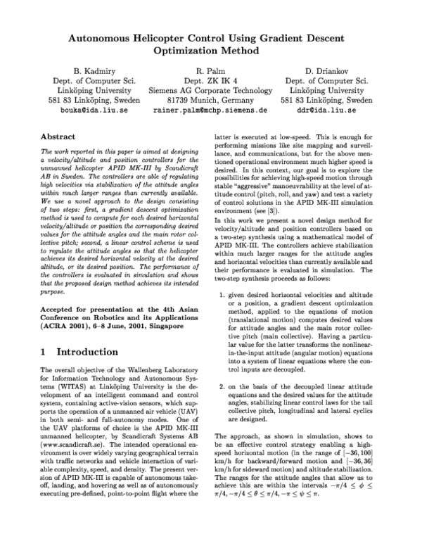 (PDF) Autonomous Helicopter Control Using Gradient Descent Optimization Method